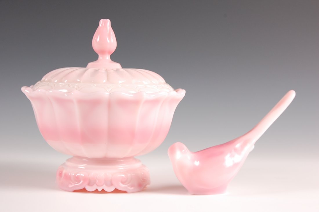 FENTON PINK SLAG GLASS COVERED DISH & BIRD FIGURE