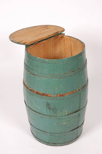 Antique Oak Storage Barrel In Old Green Paint
