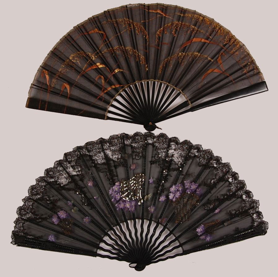 TWO LARGE VICTORIAN PAINTED CLOTH HAND FANS
