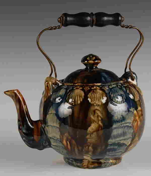 YELLOW WARE TEA POT WITH EMBOSSED SHELL DECORATION