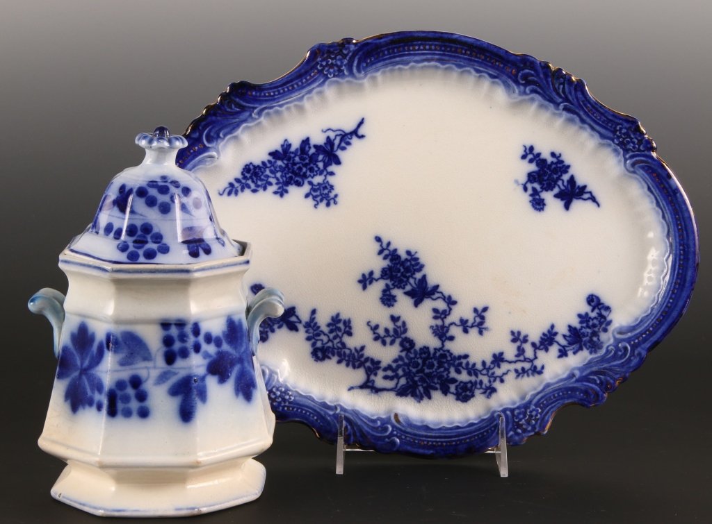 TWO PIECES FLOW BLUE CHINA INCLUDING LABELLE