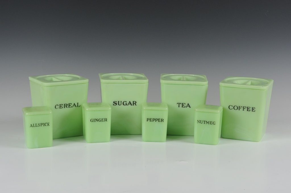 JADEITE CANISTER AND SPICE SET - Sep 28, 2014 | Soulis Auctions in MO