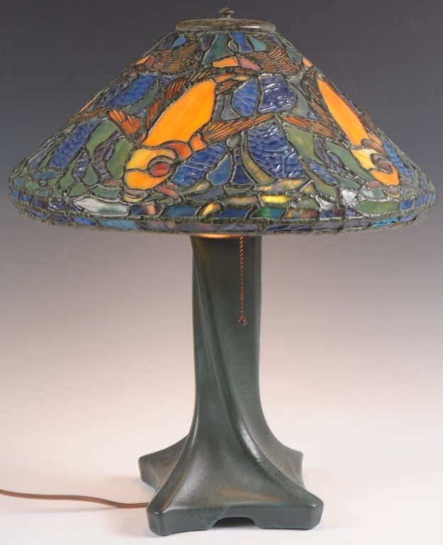 Zane Pottery Green Matte Lamp Base With Leaded Shade