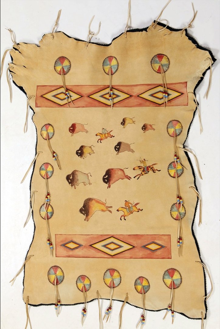 A CONTEMPORARY NATIVE AMERICAN PICTORIAL PAINTED HIDE