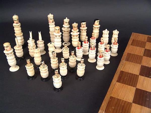 Carved & Stained Bone Chess Set In Box