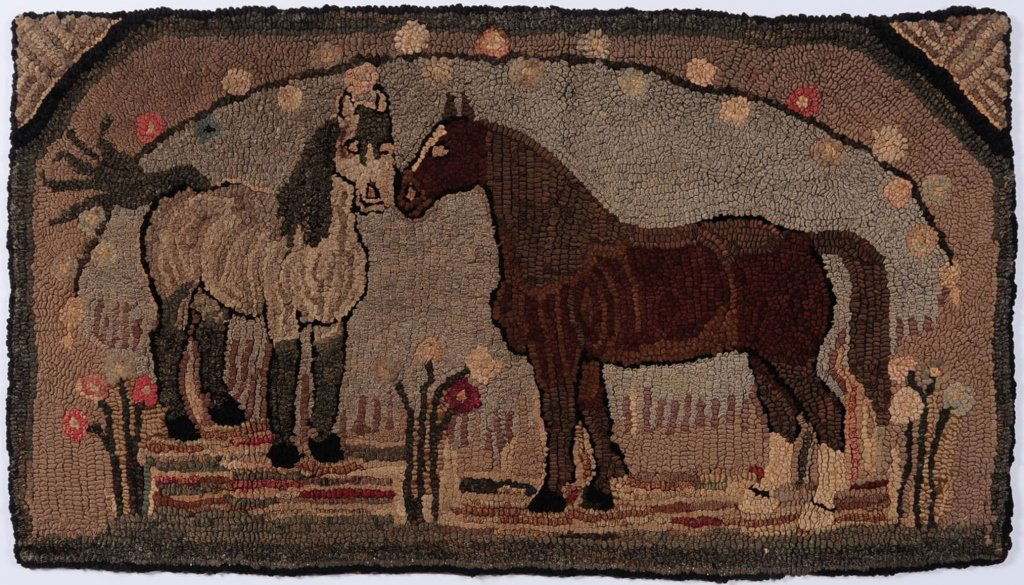 EARLY 20TH C. PICTORIAL HOOKED RUG WITH HORSES