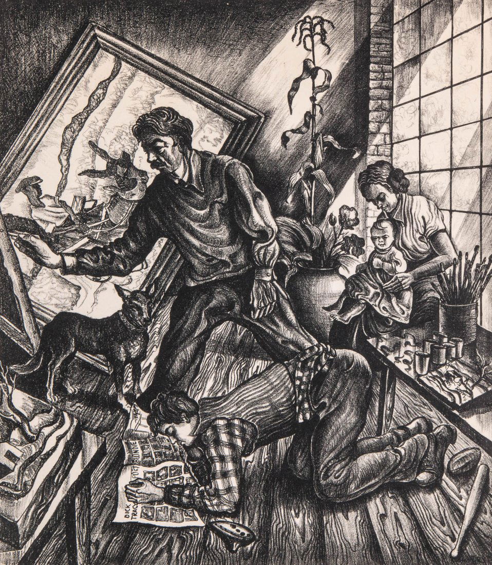 A RARE JOSEPH VORST LITHO: TOM BENTON AND HIS FAMILY