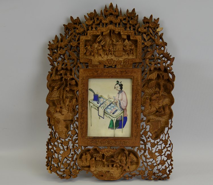 A Chinese Rice Paper Painting in Elaborate Frame