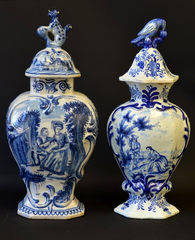 A Pair of Delft Ware Covered Vases