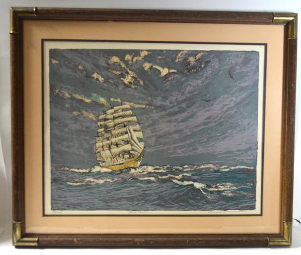 Lithography Sailing Boat In Ocean Signed