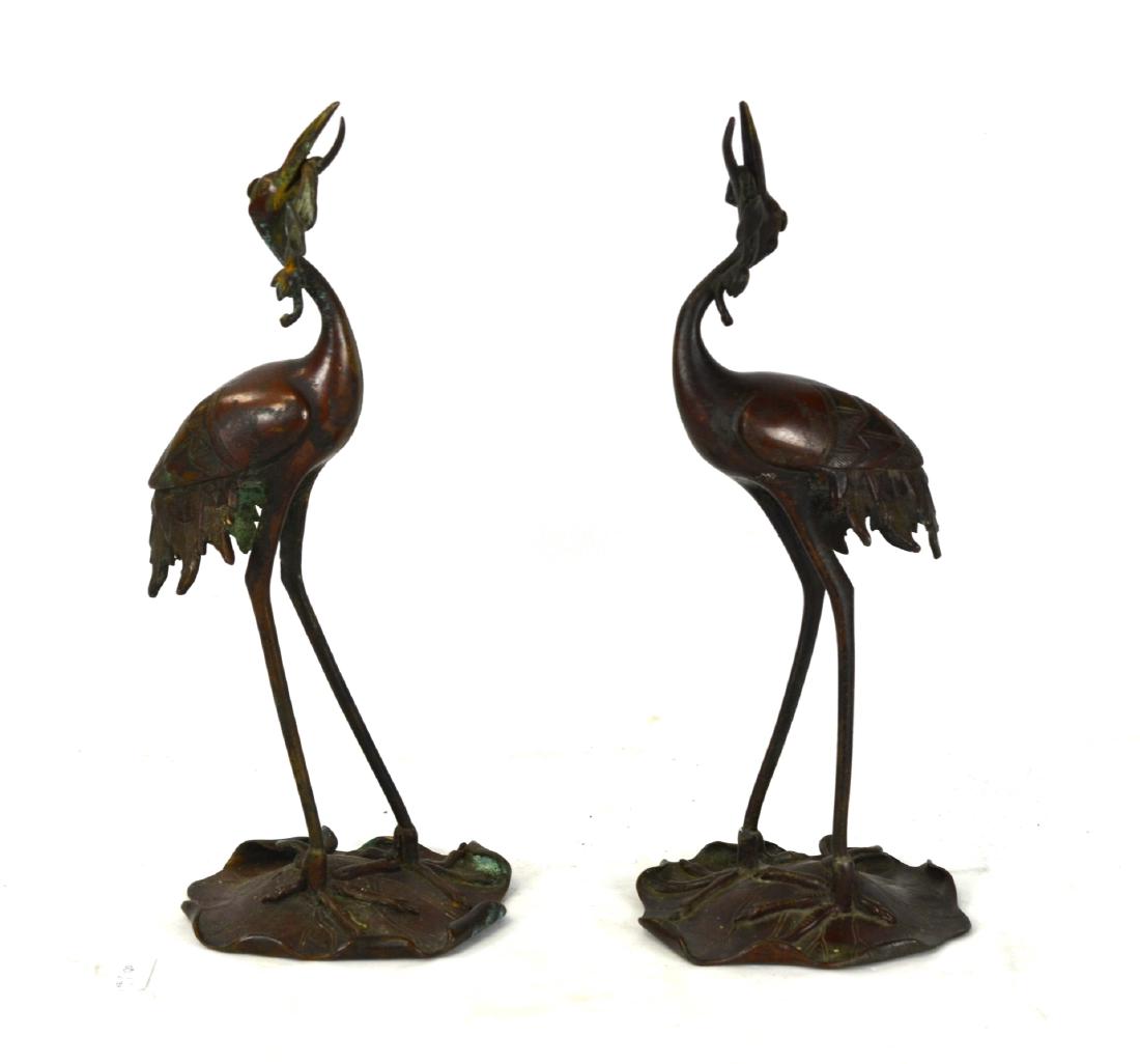 Pr Asian Bronze Cranes Figure Candle Holders