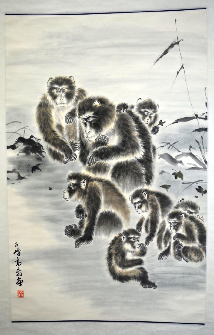 Chinese Watercolor Painting on Scroll (Monkeys)