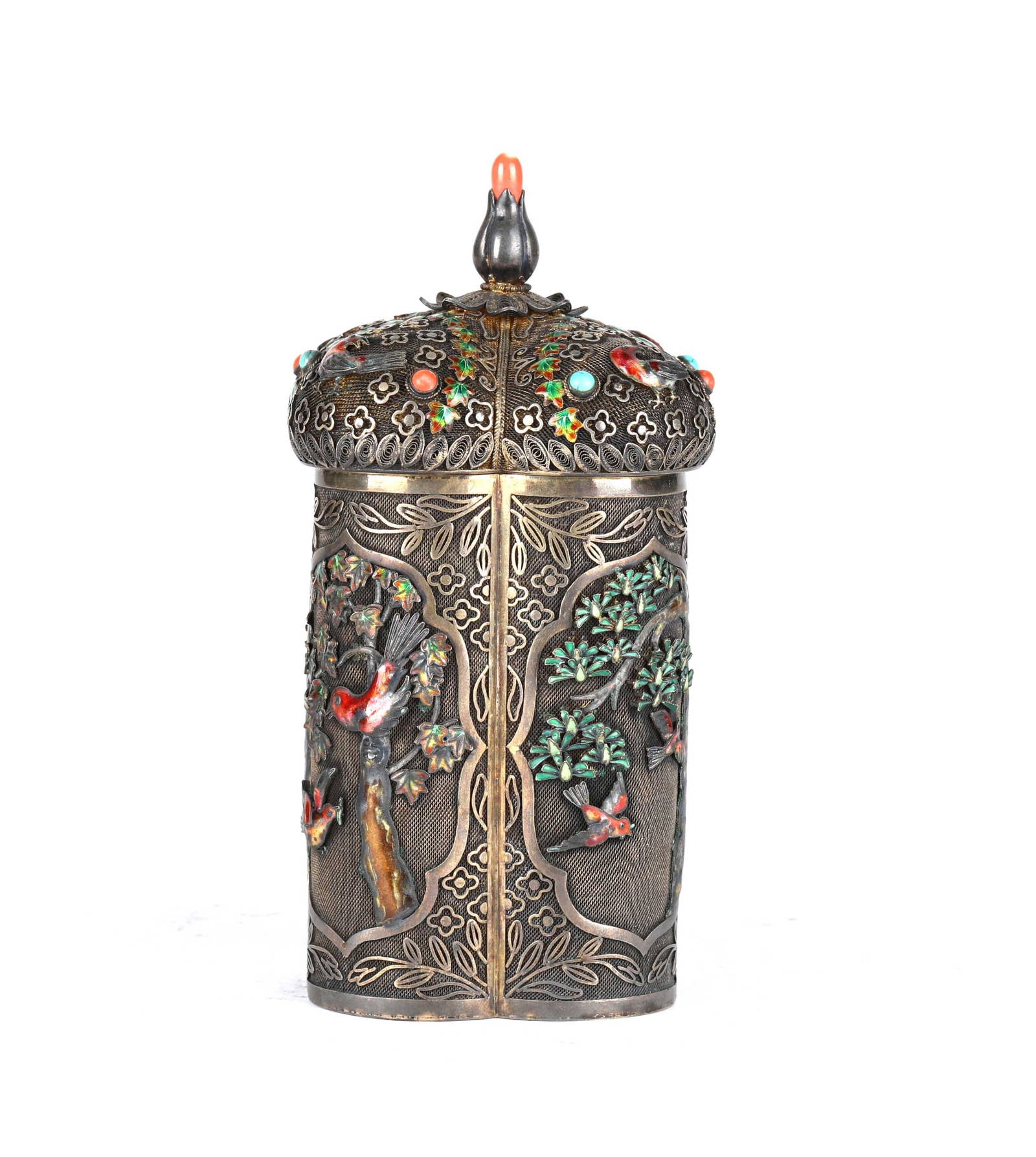 Chinese Filigree Silver Enamel Tea Caddy Auction