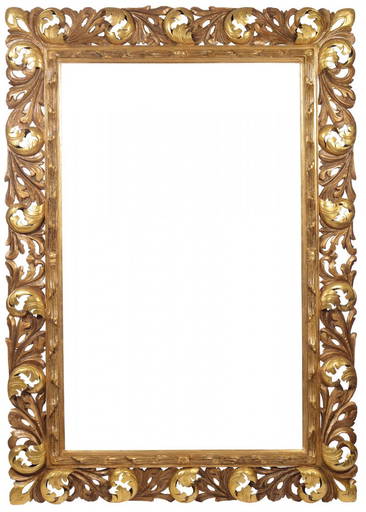 Grande Cornice Dorata E Intagliata A Volute Fogliacee,