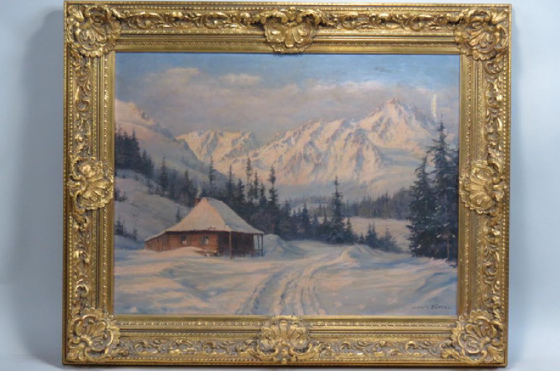 Ludwig Burgel, oil, Winter Landscape with Cabin,