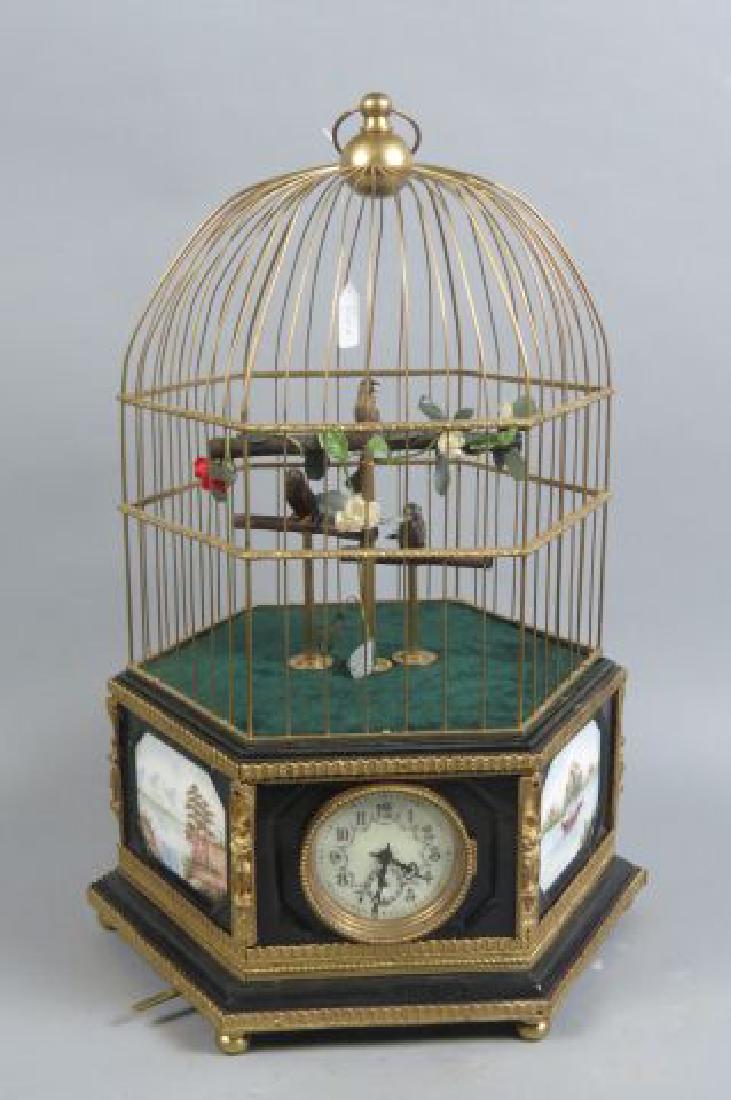 Fine Large Automaton Sing Bird in Cage w/ Clock,