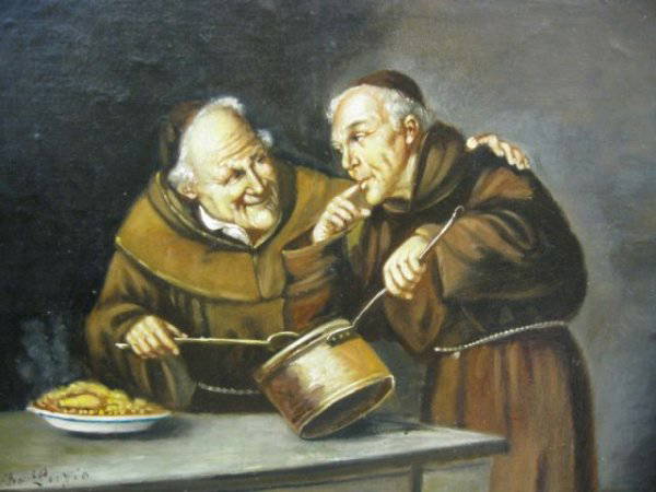 Oil Painting Of Two Monks " A Tasty Brew" E. Luzio