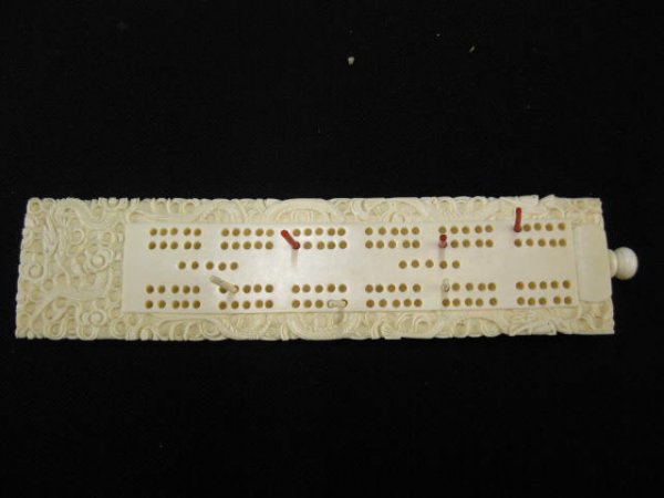685: Chinese Carved Ivory Cribbage Board, dragon decor,