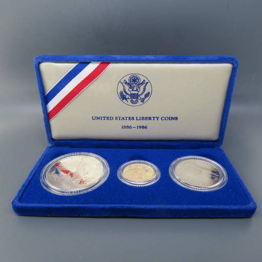 1986 3 Pc. Statue Of Liberty Gold, Silver Coin Set