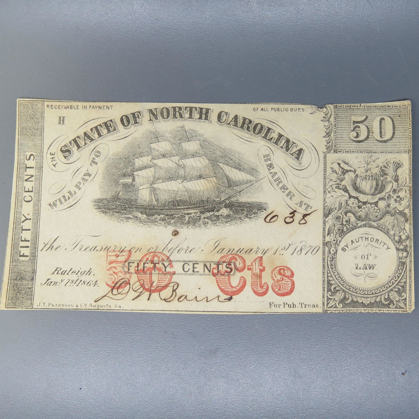 1864 50 Cent Confederate North Carolina Note,