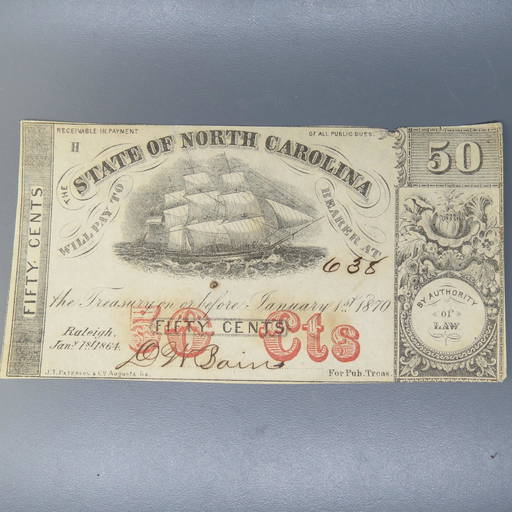 1864 50 Cent Confederate North Carolina Note,