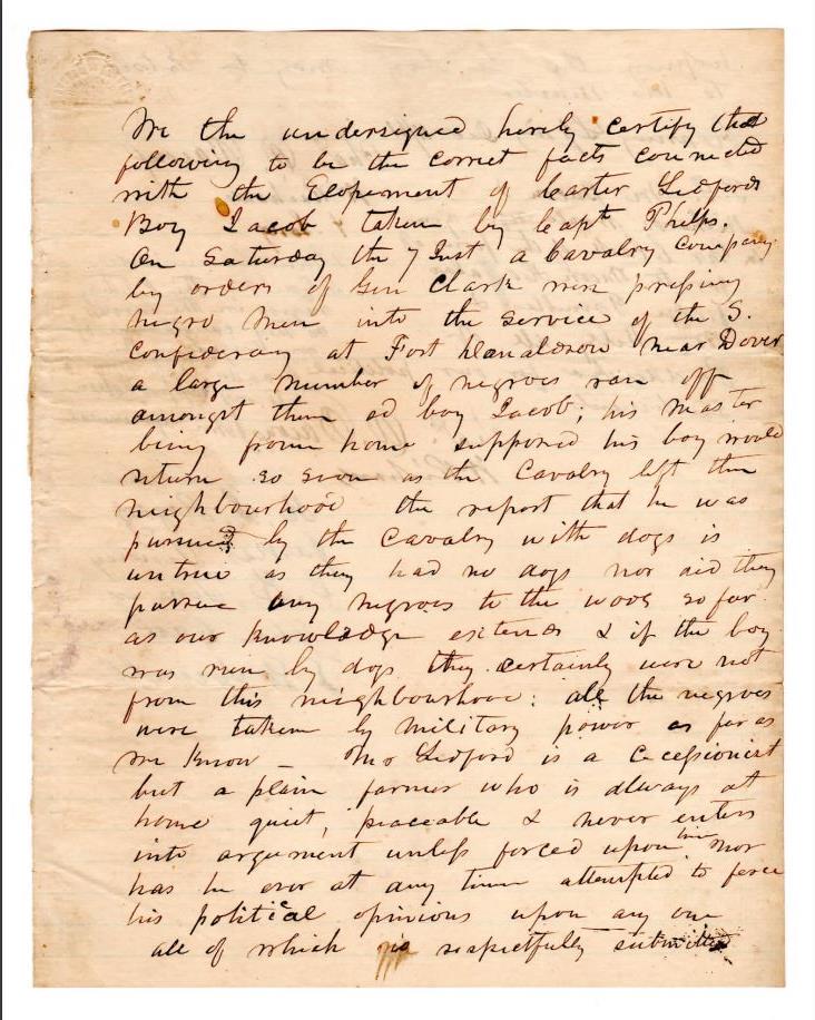 1861 Civil War Lettter, Slaves Into Service,
