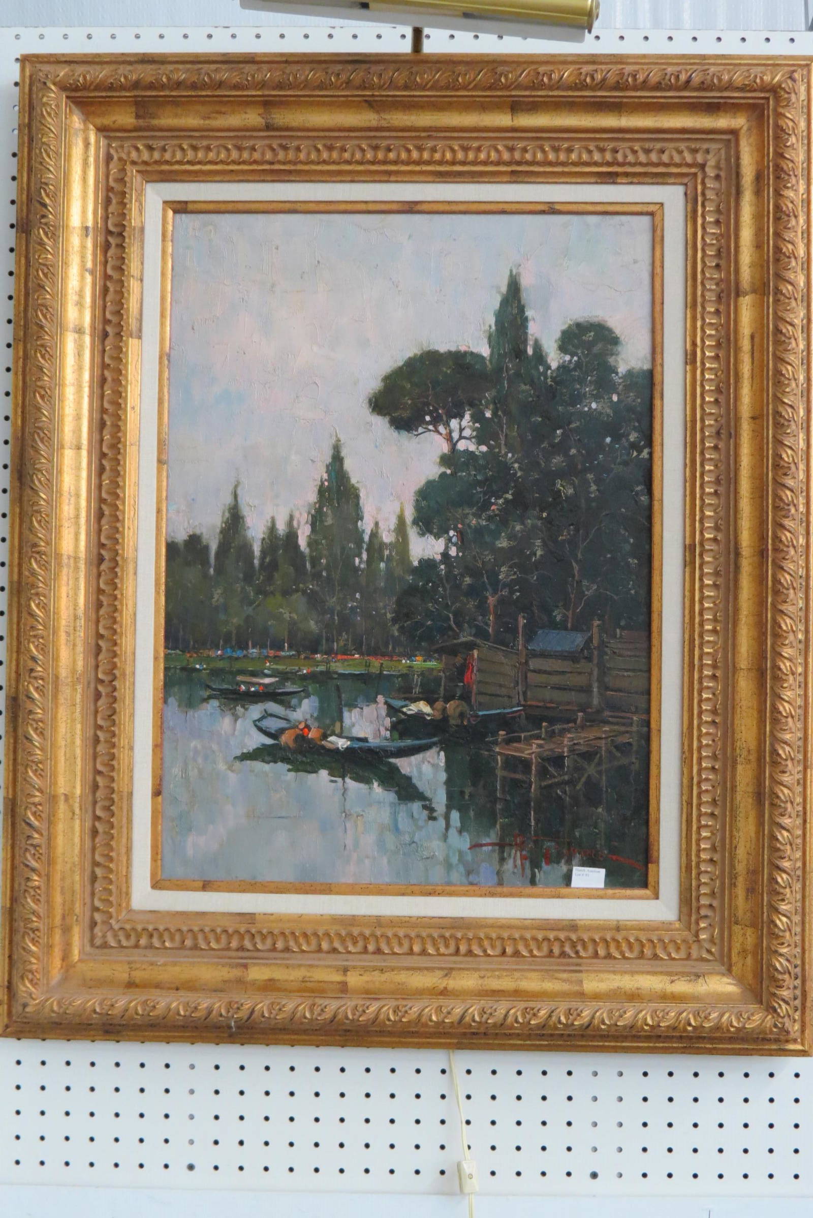 Antonio Gravin, Oil, Boats & Dock Houses, Auction