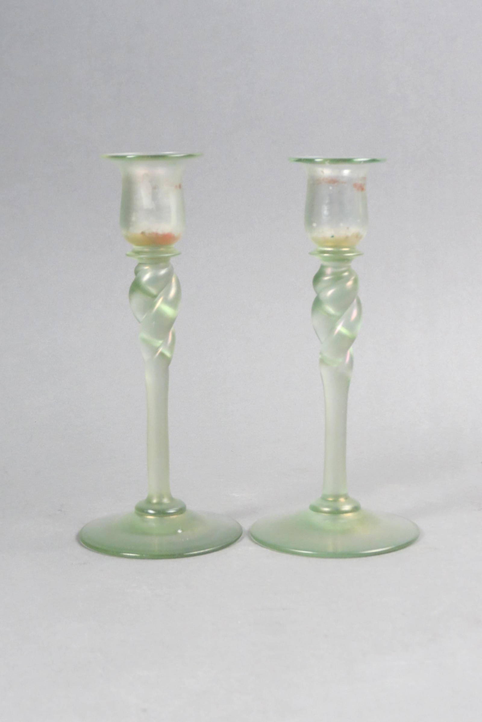 Steuben Aqua Marine Art Glass Candlesticks, Auction
