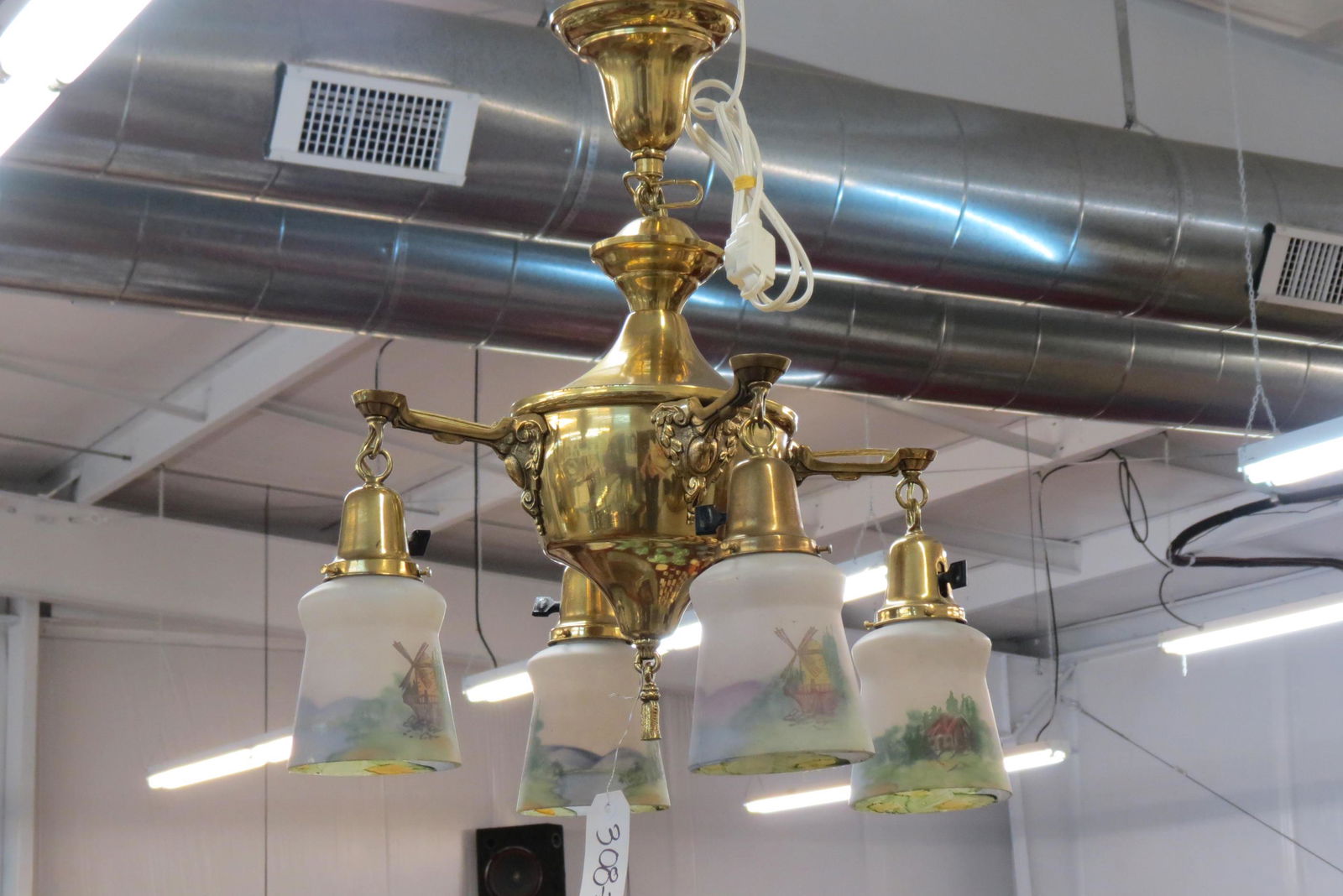 Antique Brass Hanging Light Fixture With Shades, Auction