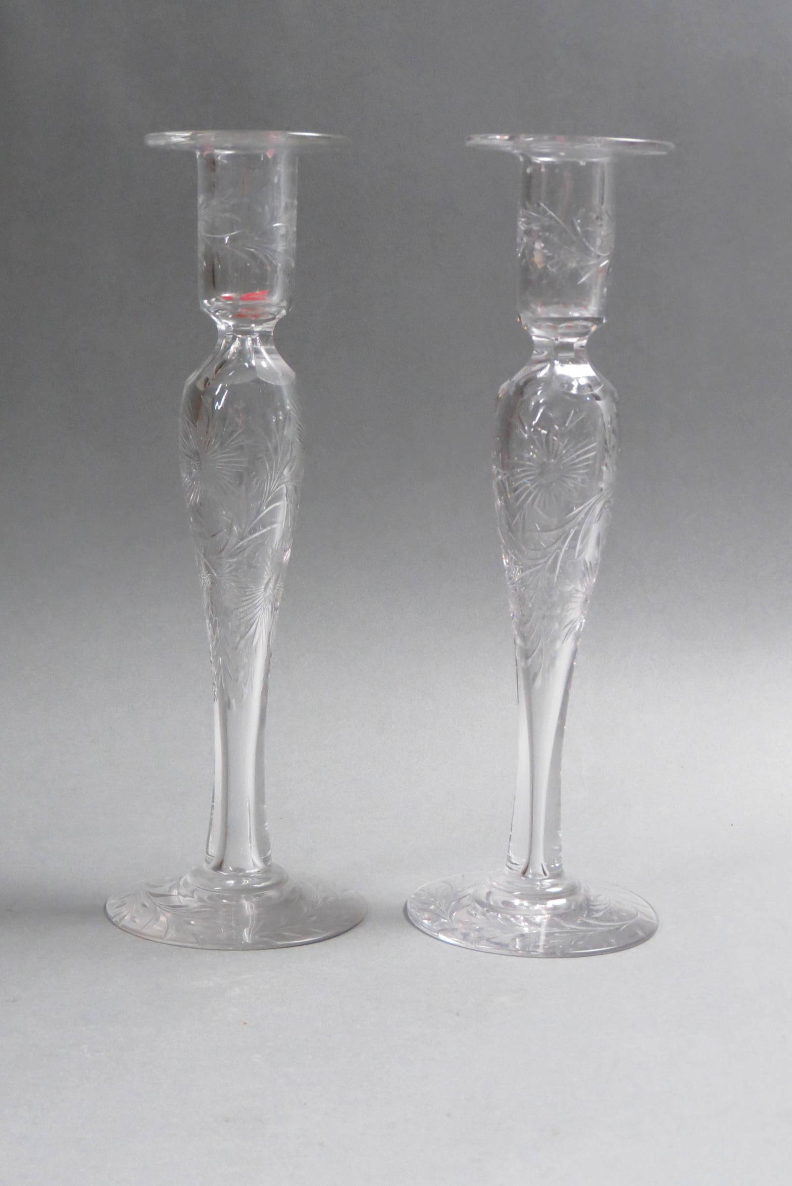 Pair Of Fine Engraved & Cut Glass Candlesticks, Auction