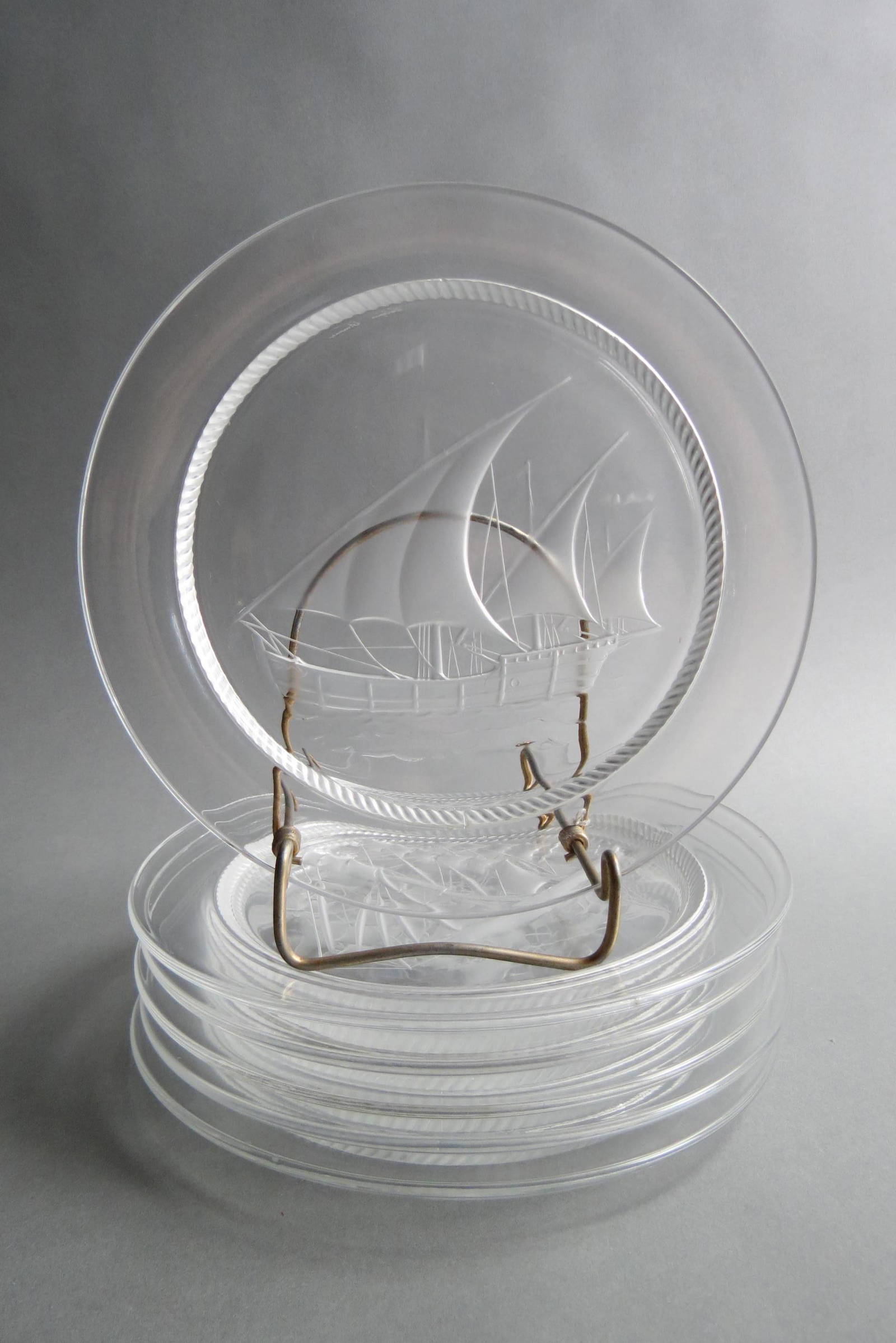 6 Lalique Crystal Plates, Sailing Ship Decor, Auction