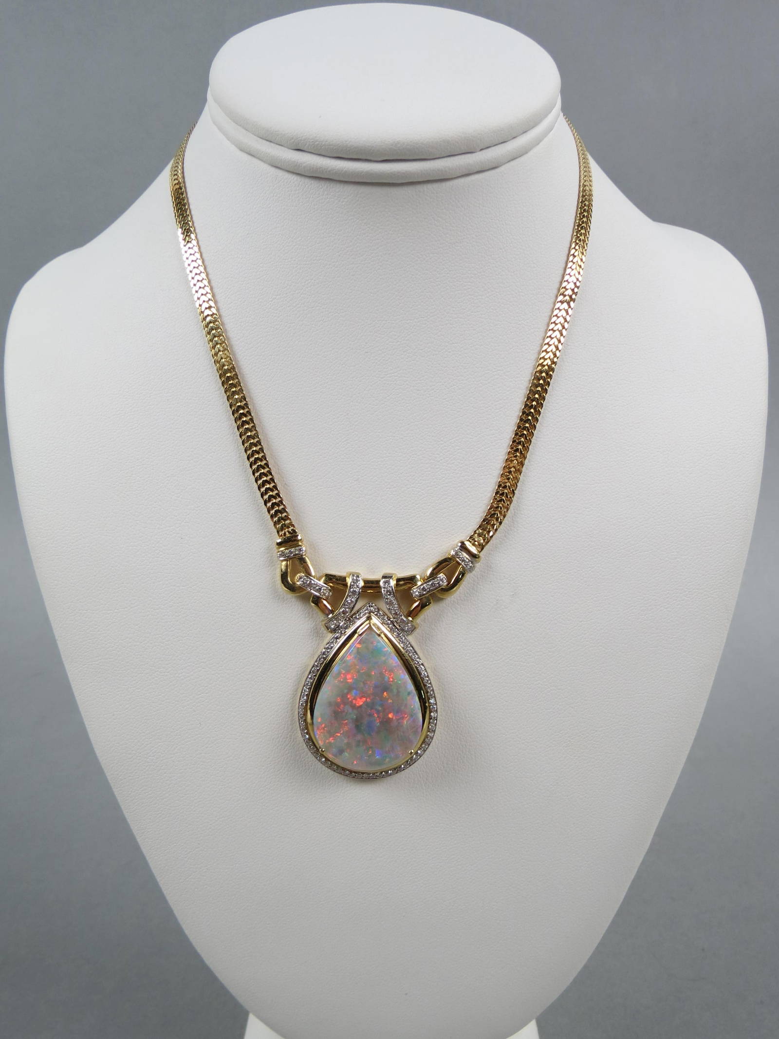 Opal & Diamond 18k Gold Necklace, Pear Tablet Cabochon Cut Opal ...