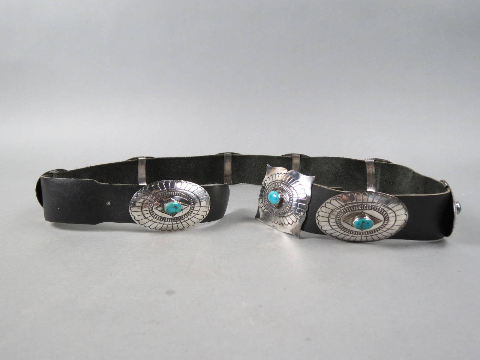 Men's Navajo Turquoise & Sterling Concho Belt, Signed, 7 Oval Conchos ...