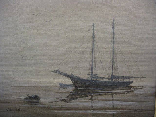 Suzy Aalund, Oil, Ship At Dusk, On Canvas,