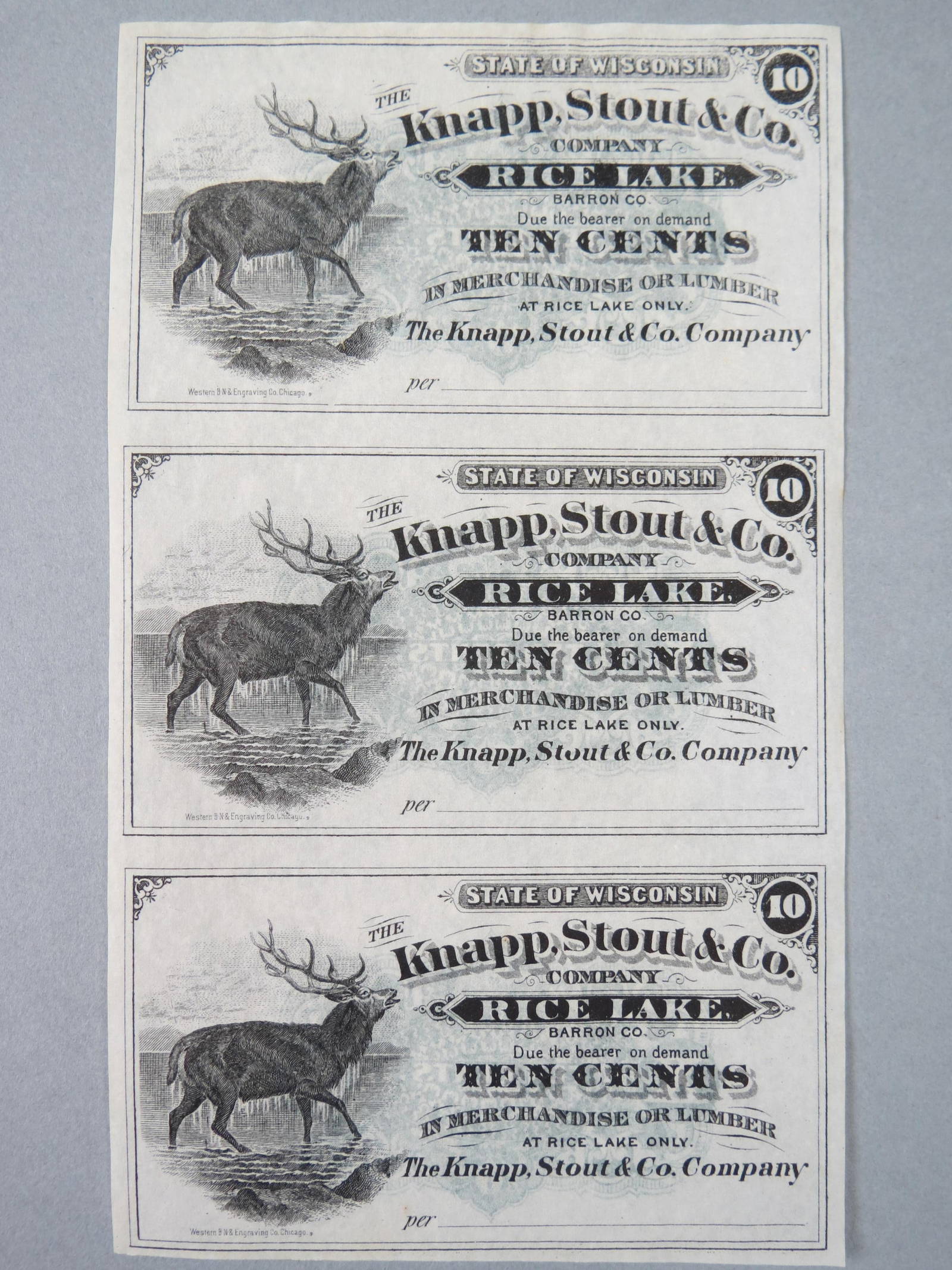 Sheet Of 3 Wisconsin Lumber Script 10 Cent Notes, Auction