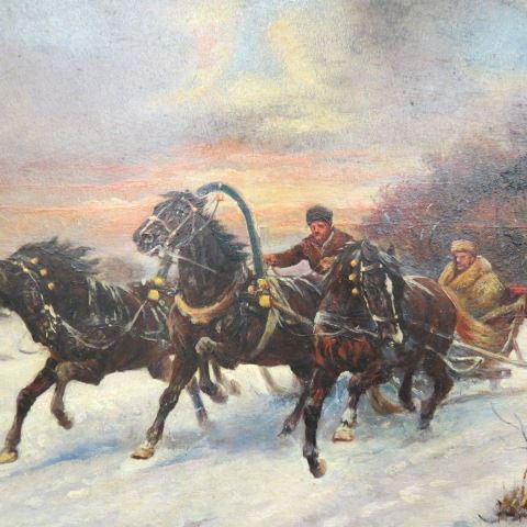 A. Schet Russian Oil Painting, russian troika sleigh,