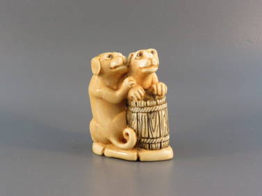 Two Signed Carved Ivory Rotating Head Netsuke