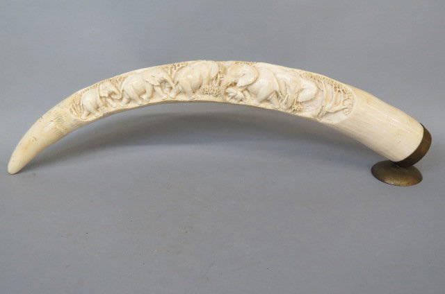 Carved Ivory Tusk With Elephants And Trees,