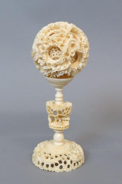 Chinese Carved Ivory Mystery Ball on Stand,