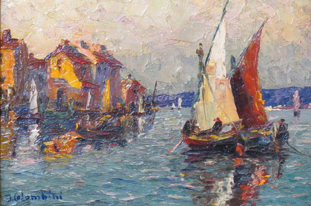 J. Colombini Oil Painting Of Boats In Harbor,