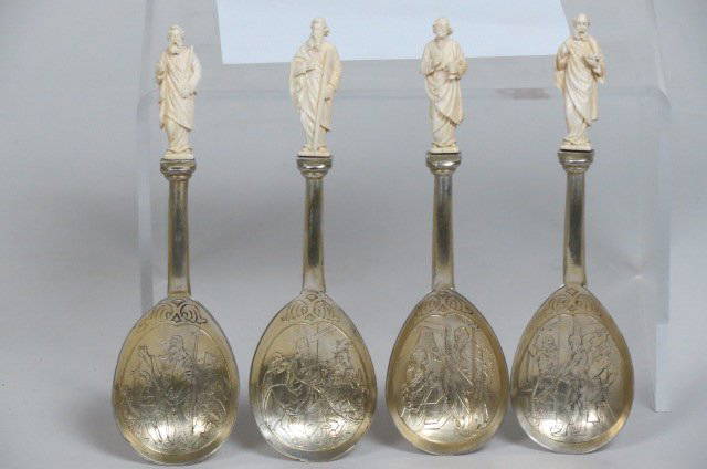 4 European Carved Ivory & Silver Apostle Spoons,