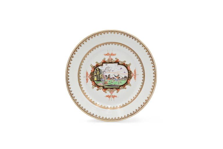 European Subject Plate With Meissen Style Cartouche, Ca. 1730