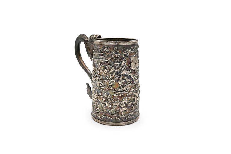Lee Ching Chinese Silver Repousse Mug, Ca. 1850