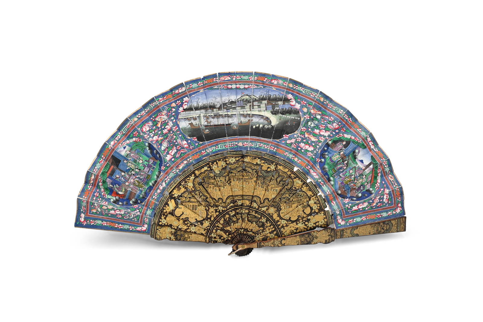 Painted Paper And Lacquer Fan, With View Of The Hongs, With Lacquered ...