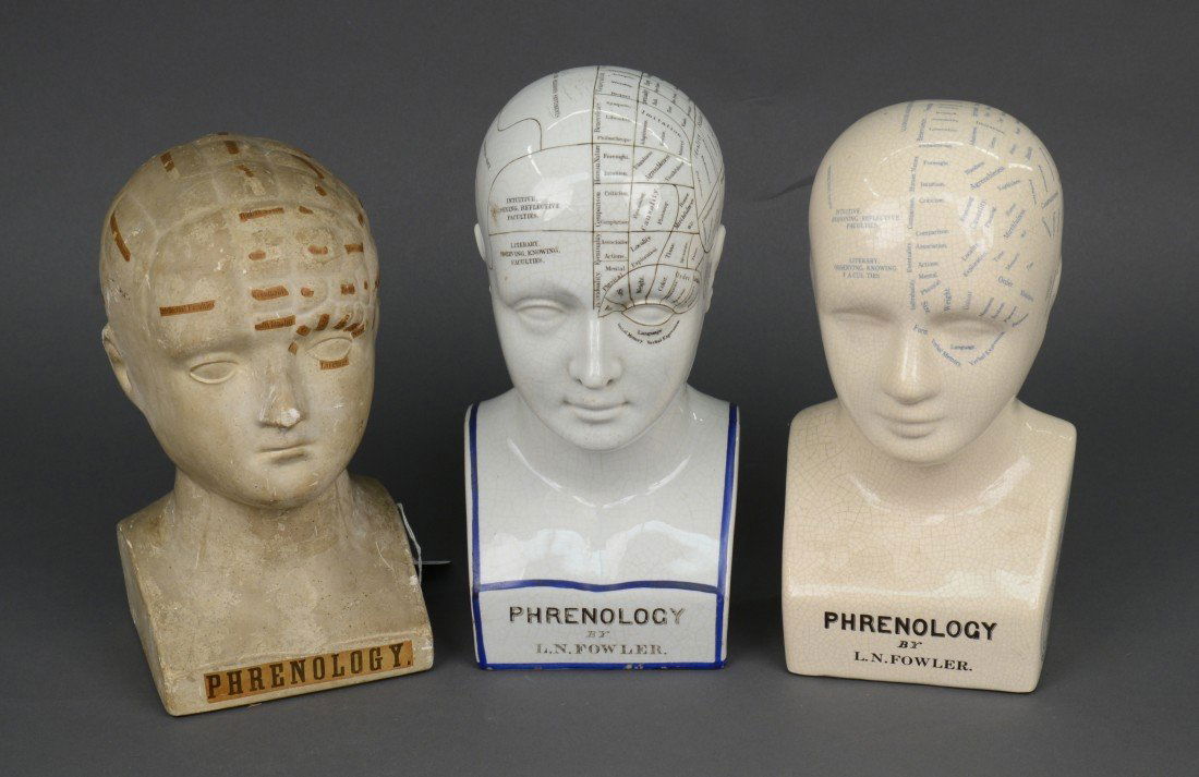 TWO L.N. FOWLER GLAZED CERAMIC PHRENOLOGY HEADS, L. N.