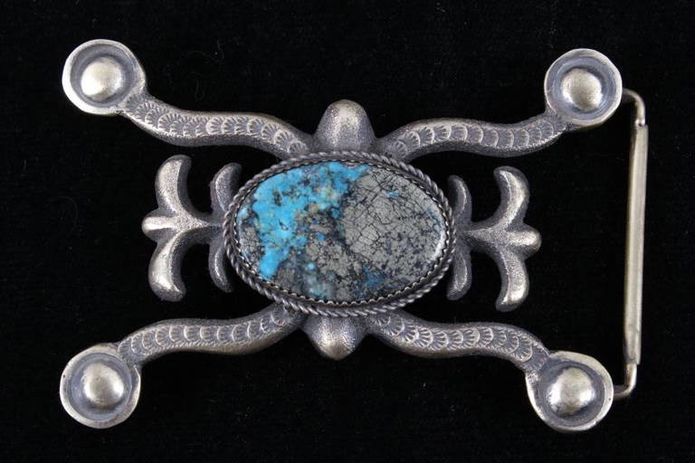 Navajo Kingman Turquoise Sand Cast Belt Buckle