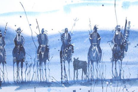 Native American Indian Print And Watercolor Painting.