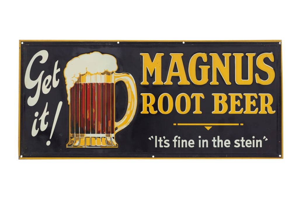 C. 1920's Magnus Root Beer Embossed Tin Sign Auction