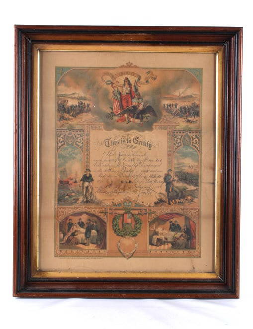 1882 Gar Military Certificate Engraving J.a. Joel Auction