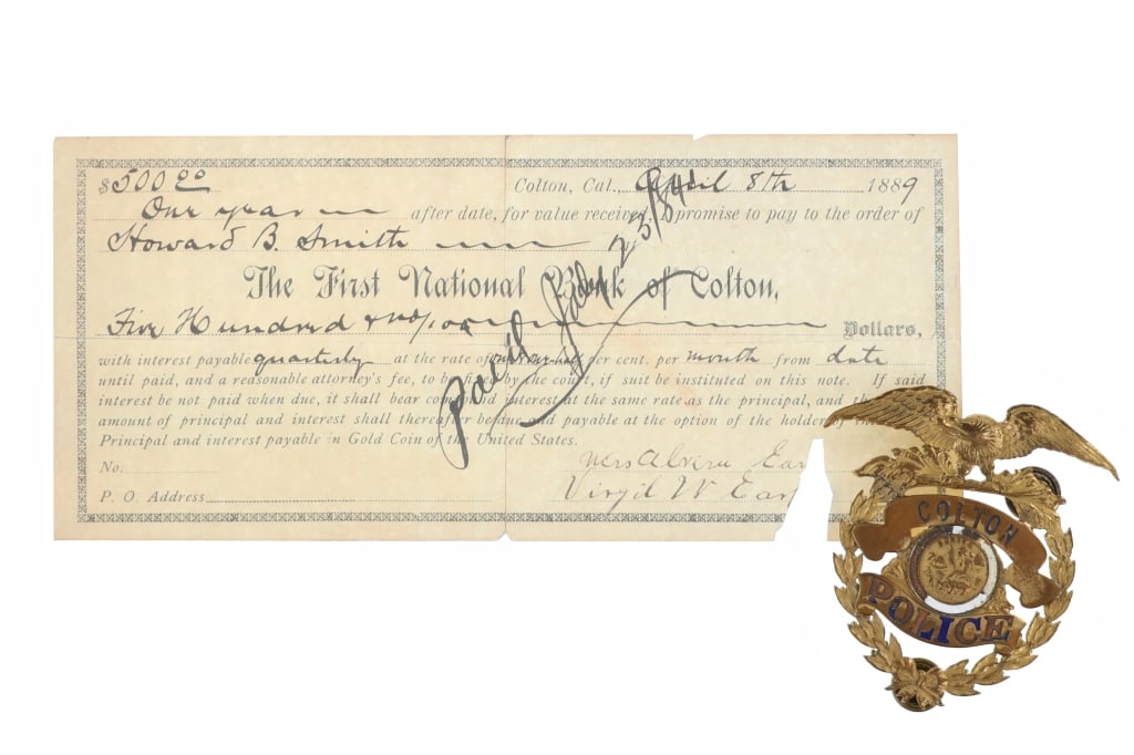 Virgil Earp Colton Police Badge & Signed Document Auction